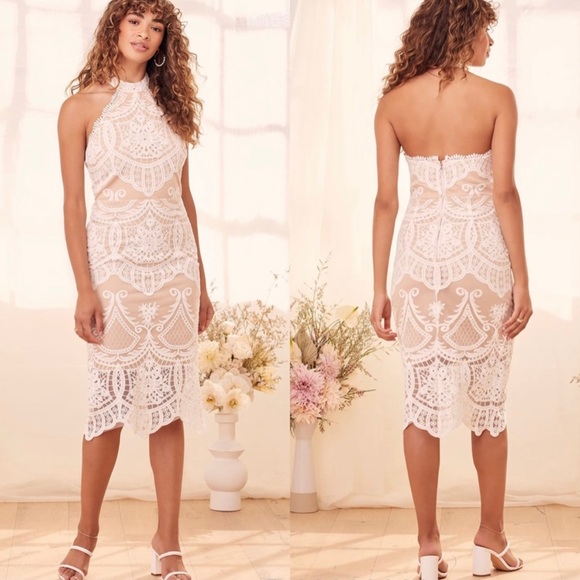 Lulu's | Dresses | Lulus Celebrate Life White Lace Halter Midi Dress Bride Barisal Wedding ...
